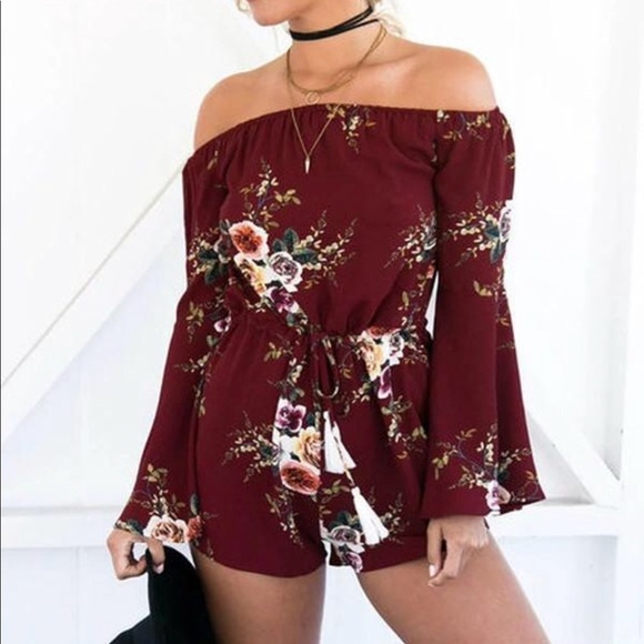 Pants & Jumpsuits | Burgundy Maroon Red Floral Romper Playsuit Print ...